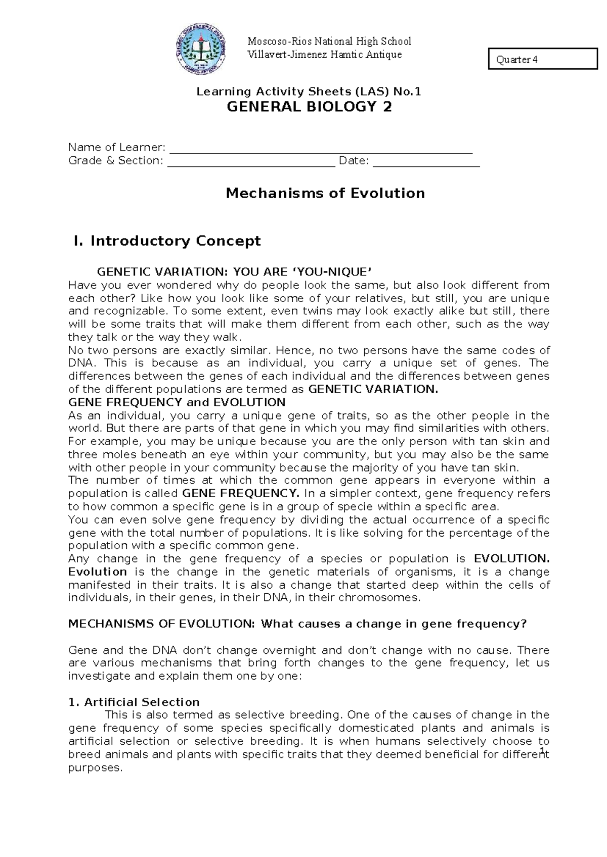 LAS General Biology 2: Mechanisms of Evolution Exploration - Studocu