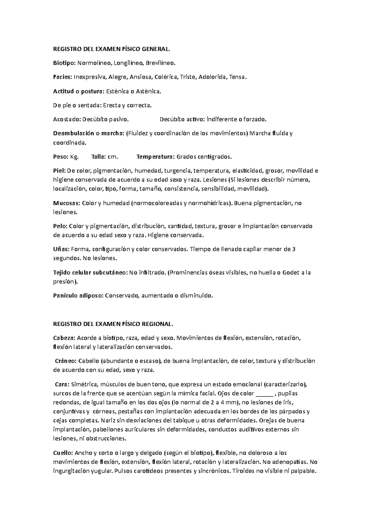 Descricción del examen fisico normal - REGISTRO DEL EXAMEN FÍSICO ...