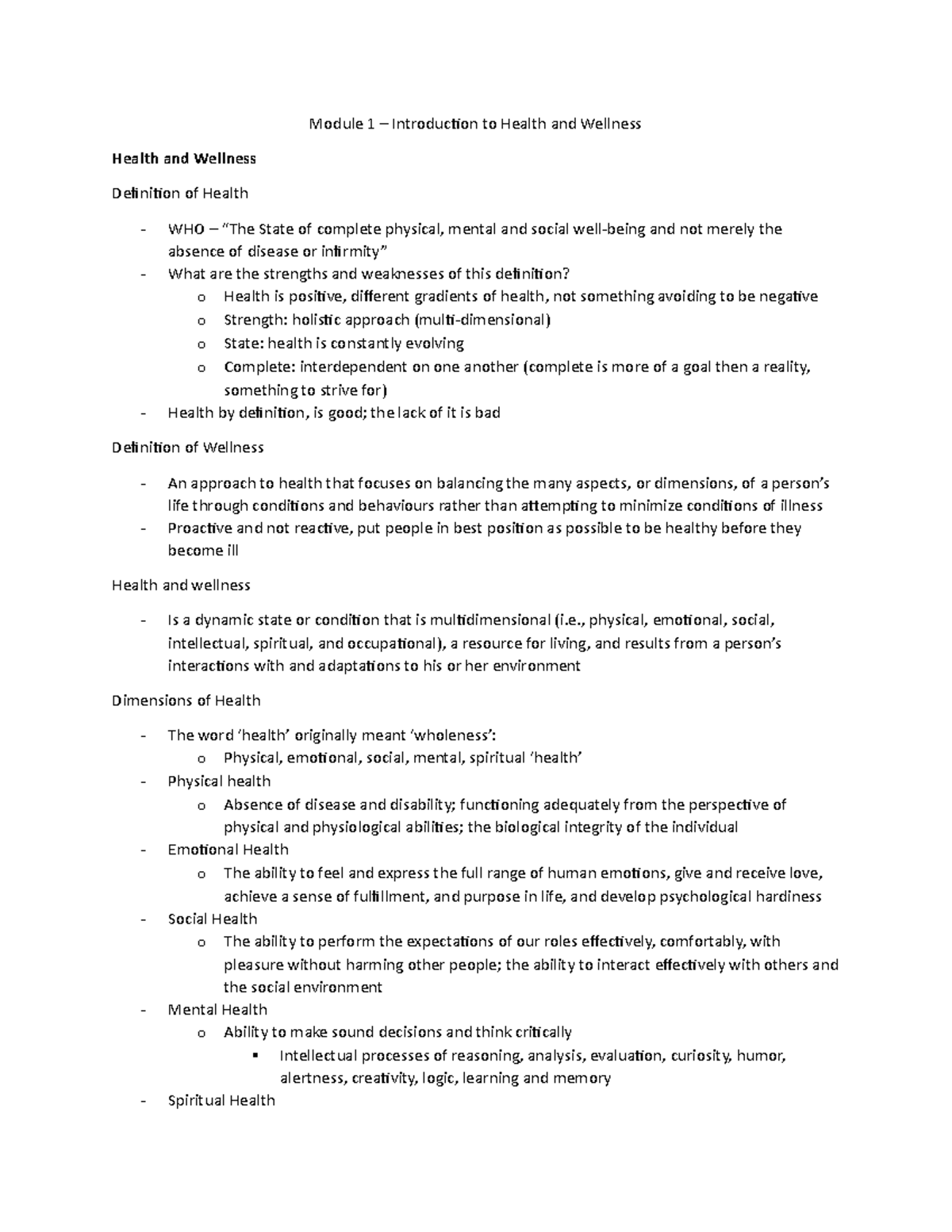 Module 1 - Intro to Health & Wellness: Key Concepts & Perspectives ...
