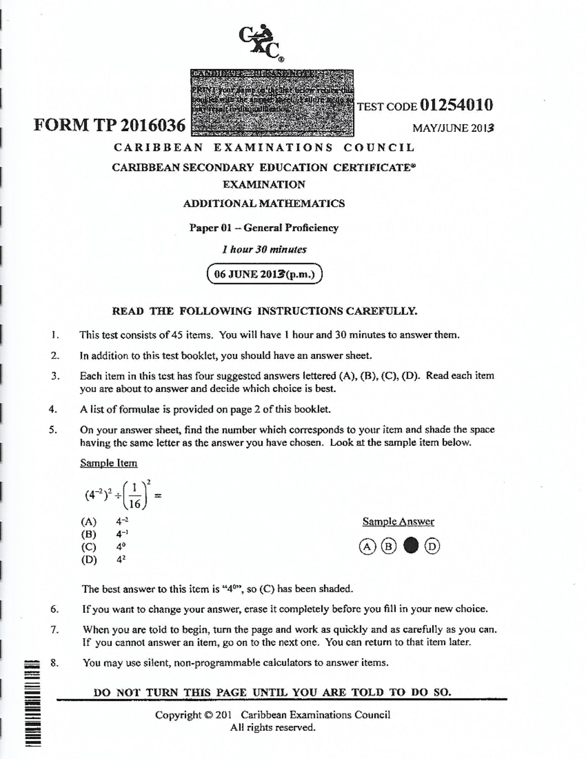 CSEC Additional Mathematics Paper 01 Exam - June 2013 - Studocu