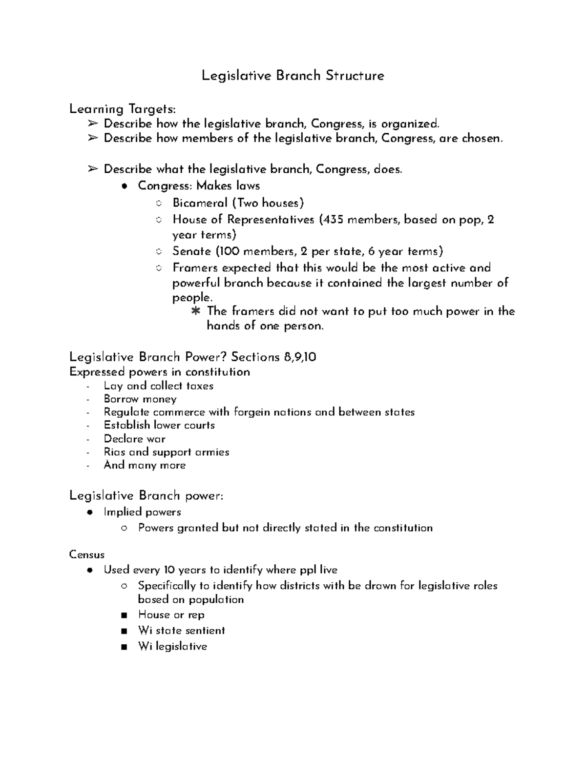 Legislative Branch Structure: Congress Organization & Powers Notes ...