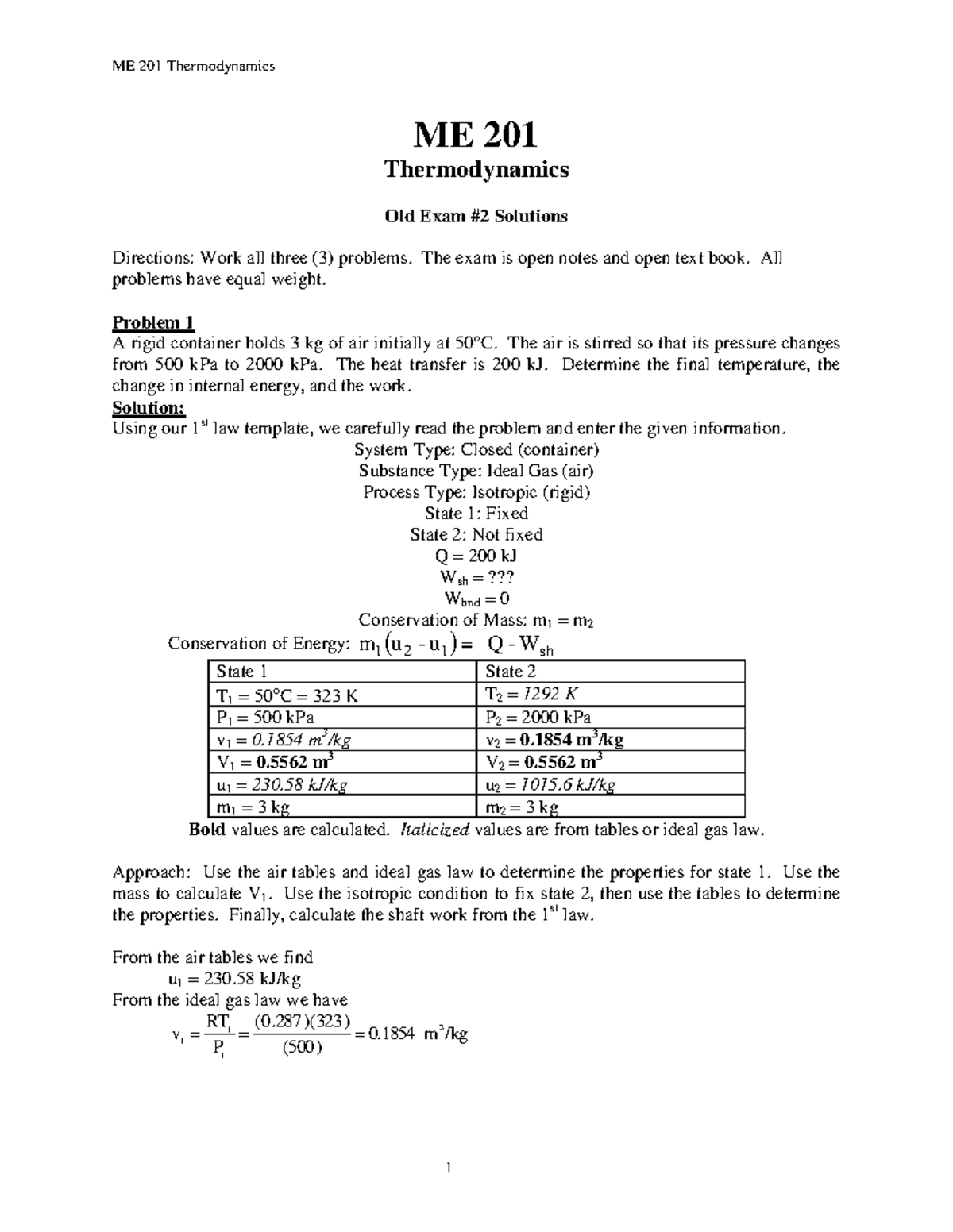 ME 201 Thermodynamics - Solutions for Old Exam #2 - Studocu