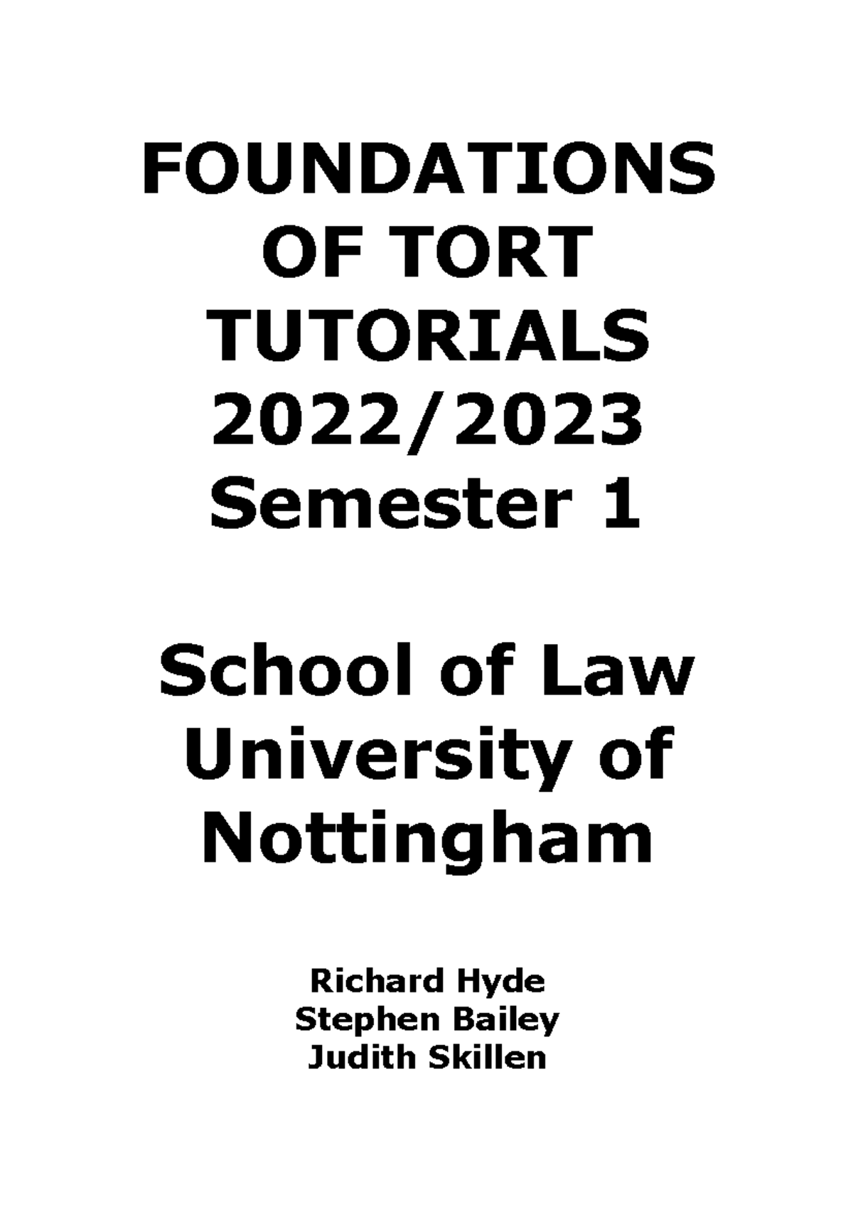 Tort Tutorials Semester 1 - FOUNDATIONS OF TORT TUTORIALS 2022 ...