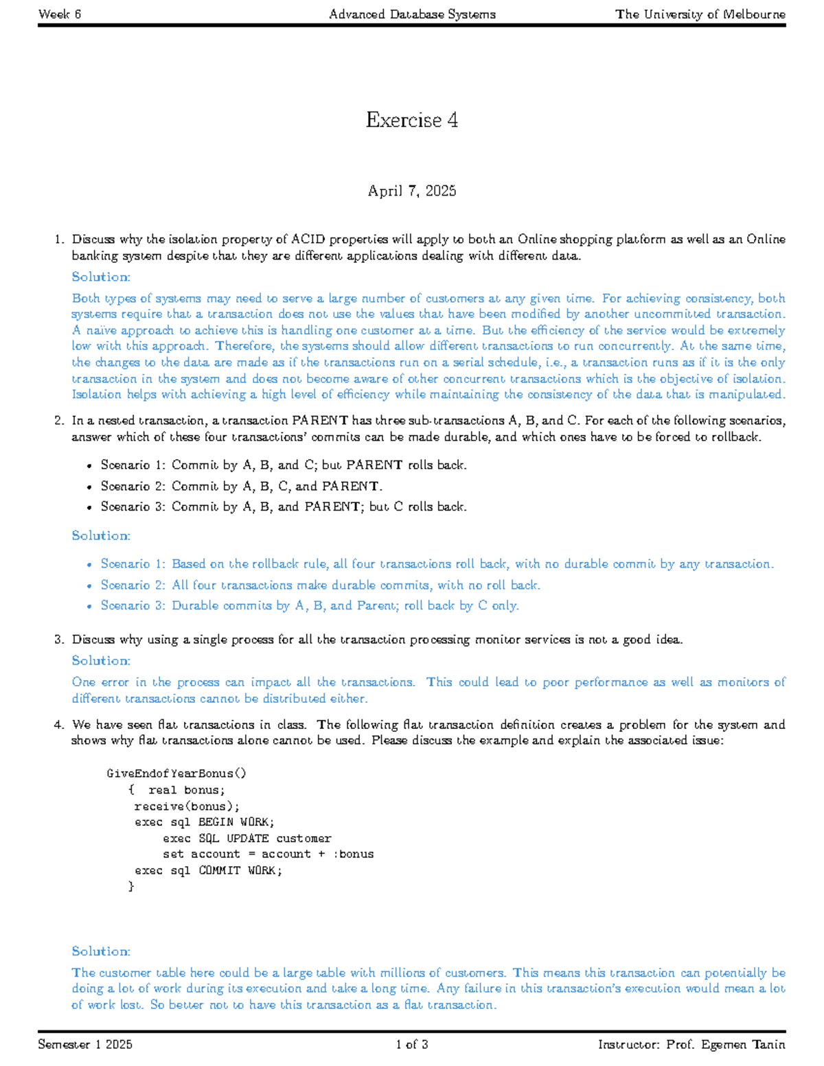 Week 6 Advanced Database Systems (COMP90015) Exercise 4 Solutions - Studocu