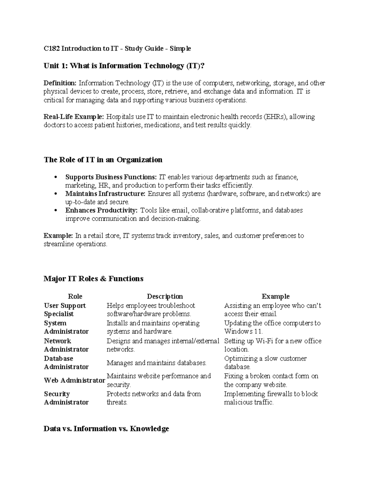 C182 Introduction to IT Study Guide: Unit 1 Overview - Studocu