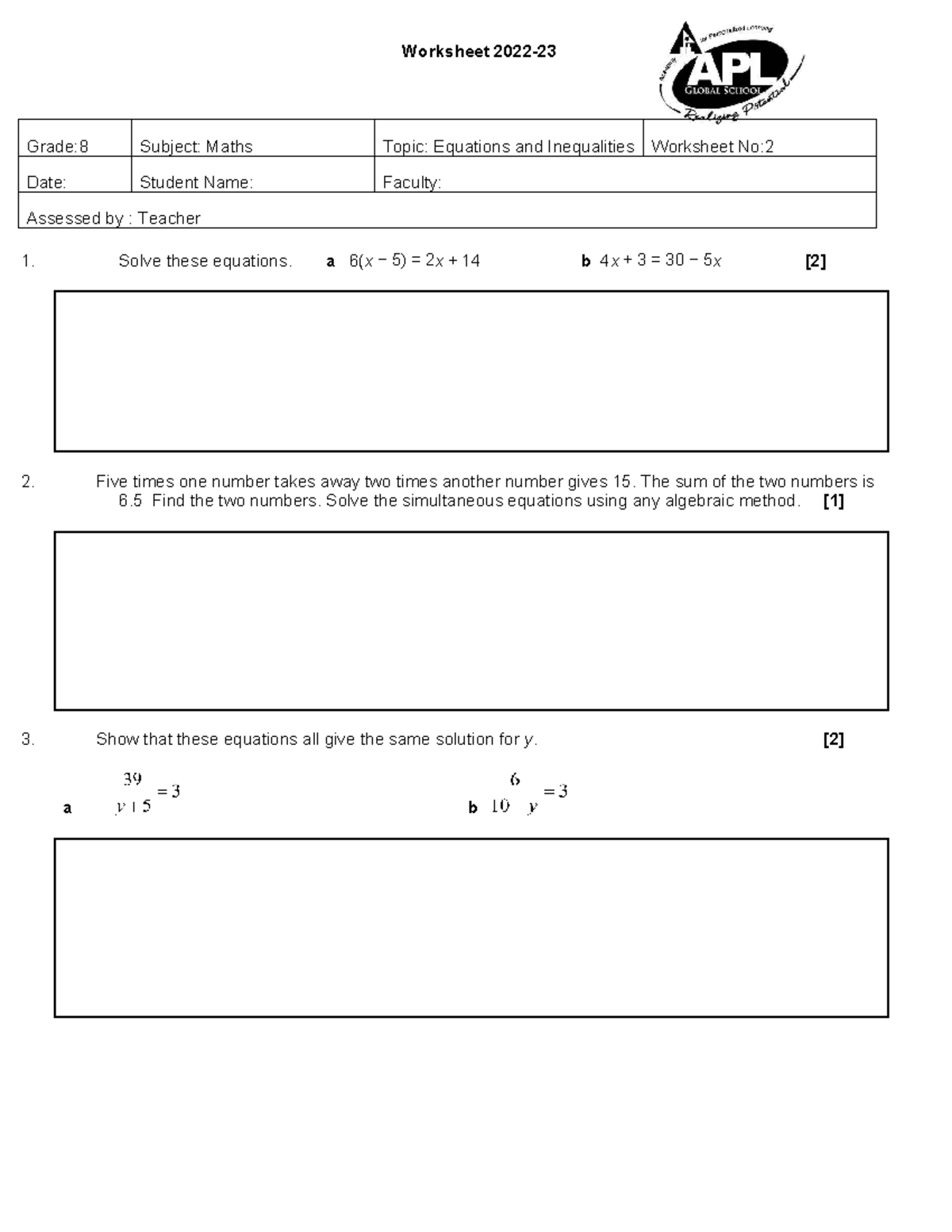 Ch-4 Rev WS: Equations & Inequalities for Grade 8 Maths - Studocu