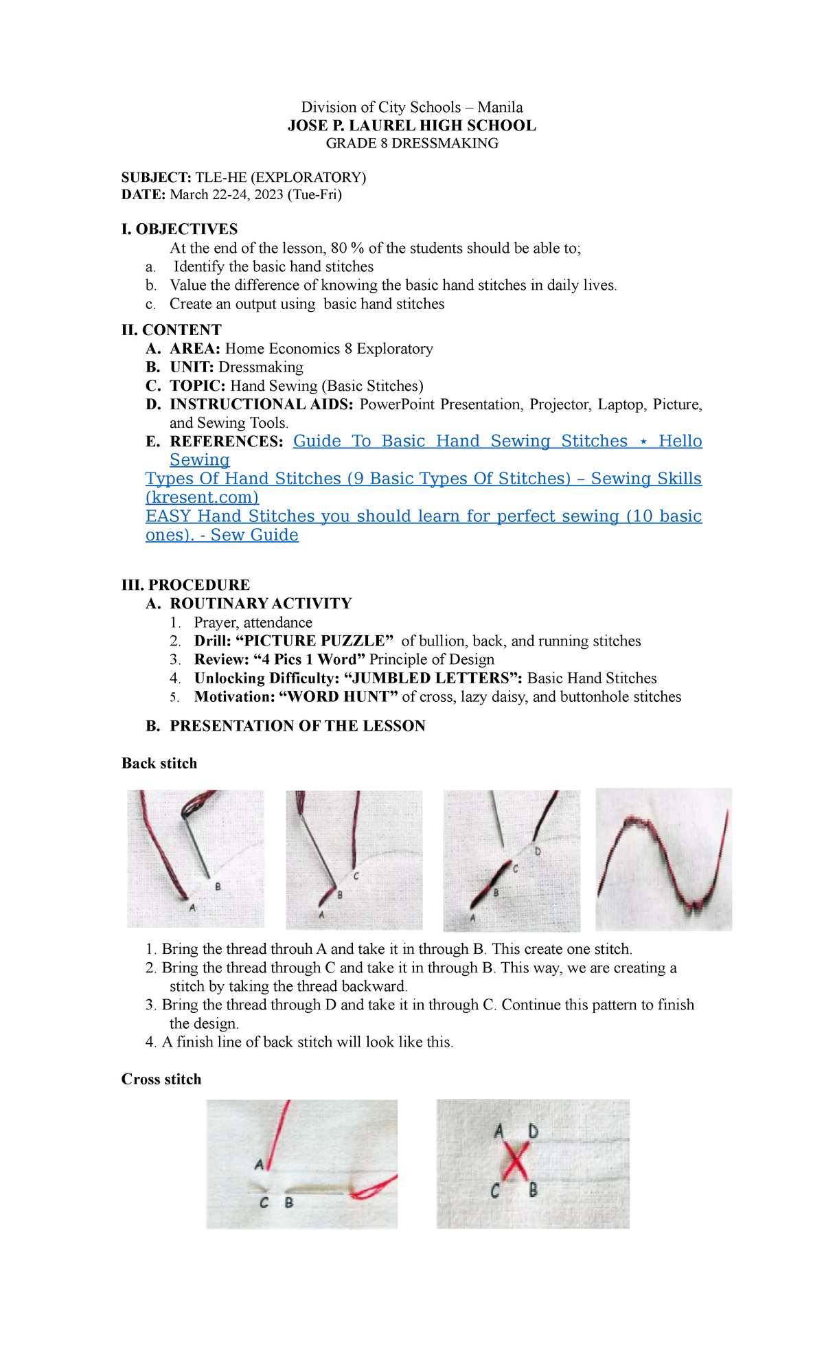 Lesson Plan: Basic Hand Stitches for TLE-HE Grade 8 - Studocu