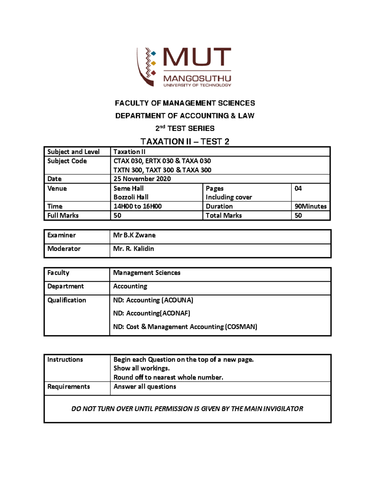 Taxation II - Test 2 Study Notes for CTAX 030, ERTX 030, TAXA 030 - Studocu