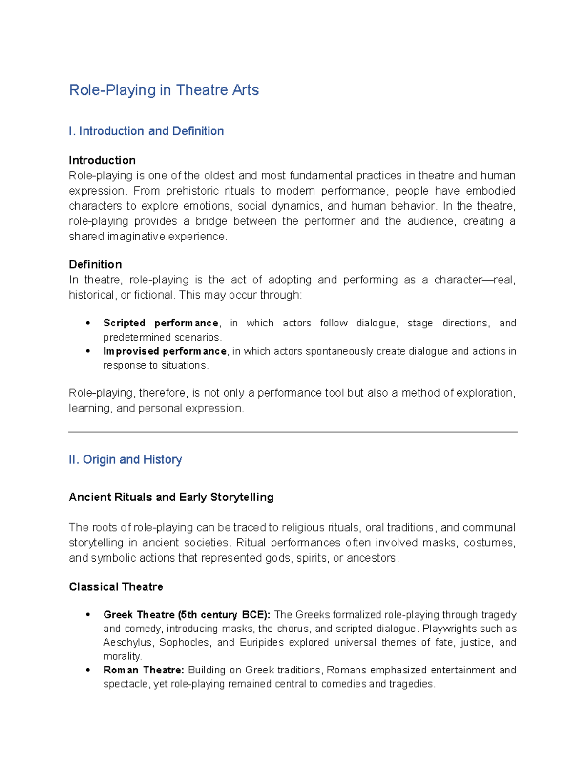 EL109 Theatre Arts I: Introduction to Role Playing and Its History ...