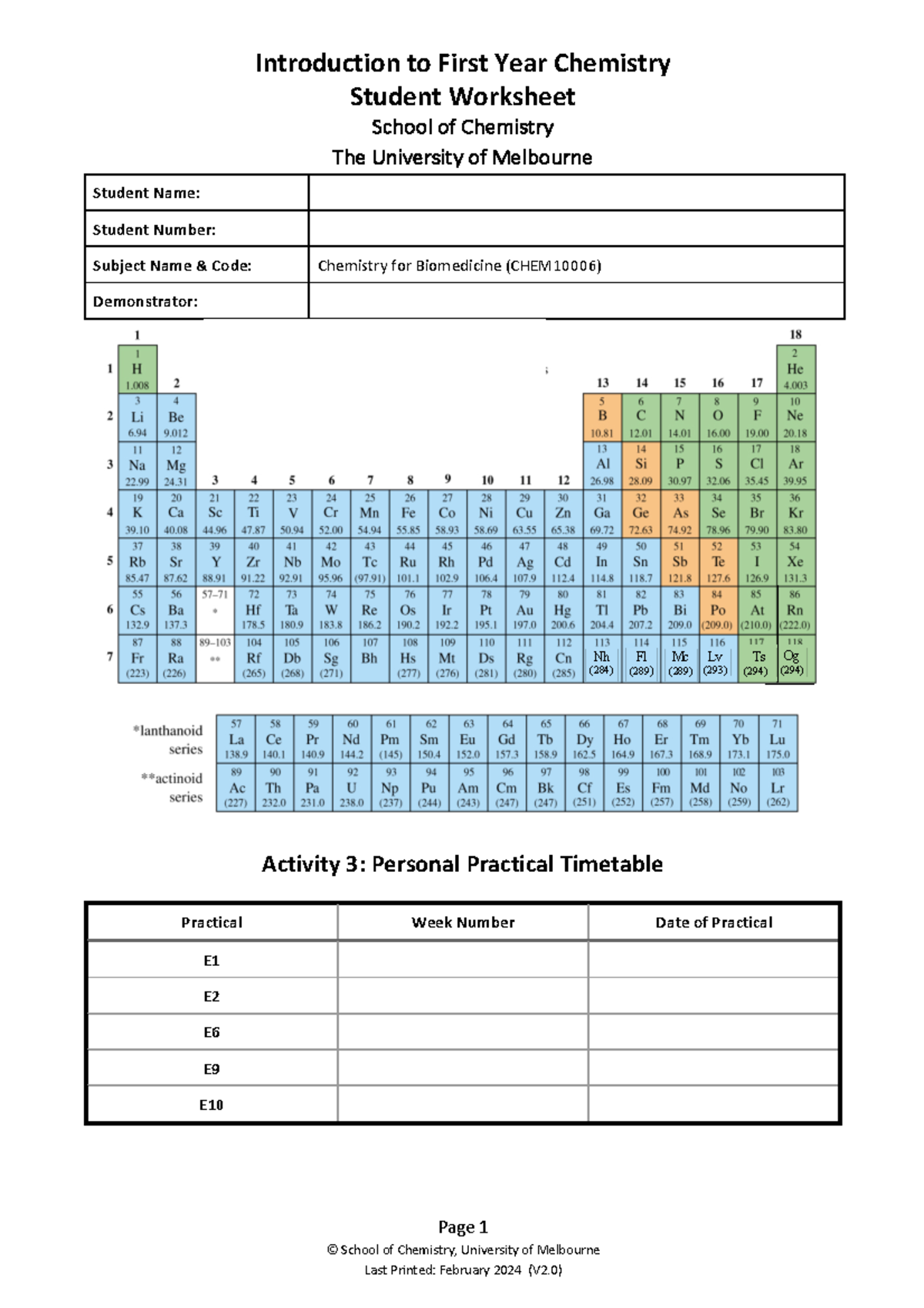 Student Worksheet for CHEM10006: Practical & Learning Activities V2 ...