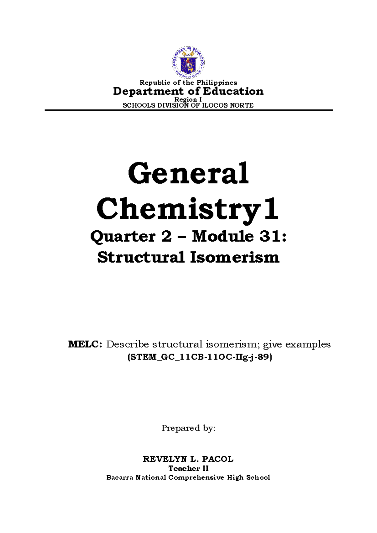 Genchem 1 Quarter 2 Module 31: Structural Isomerism Notes - Studocu