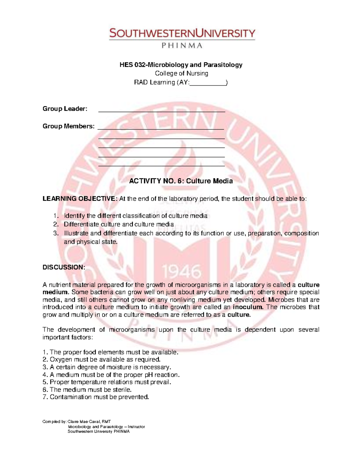 HES 032 BSN Lab Activity 6 - Compiled by: Claire Mae Caval, RMT ...