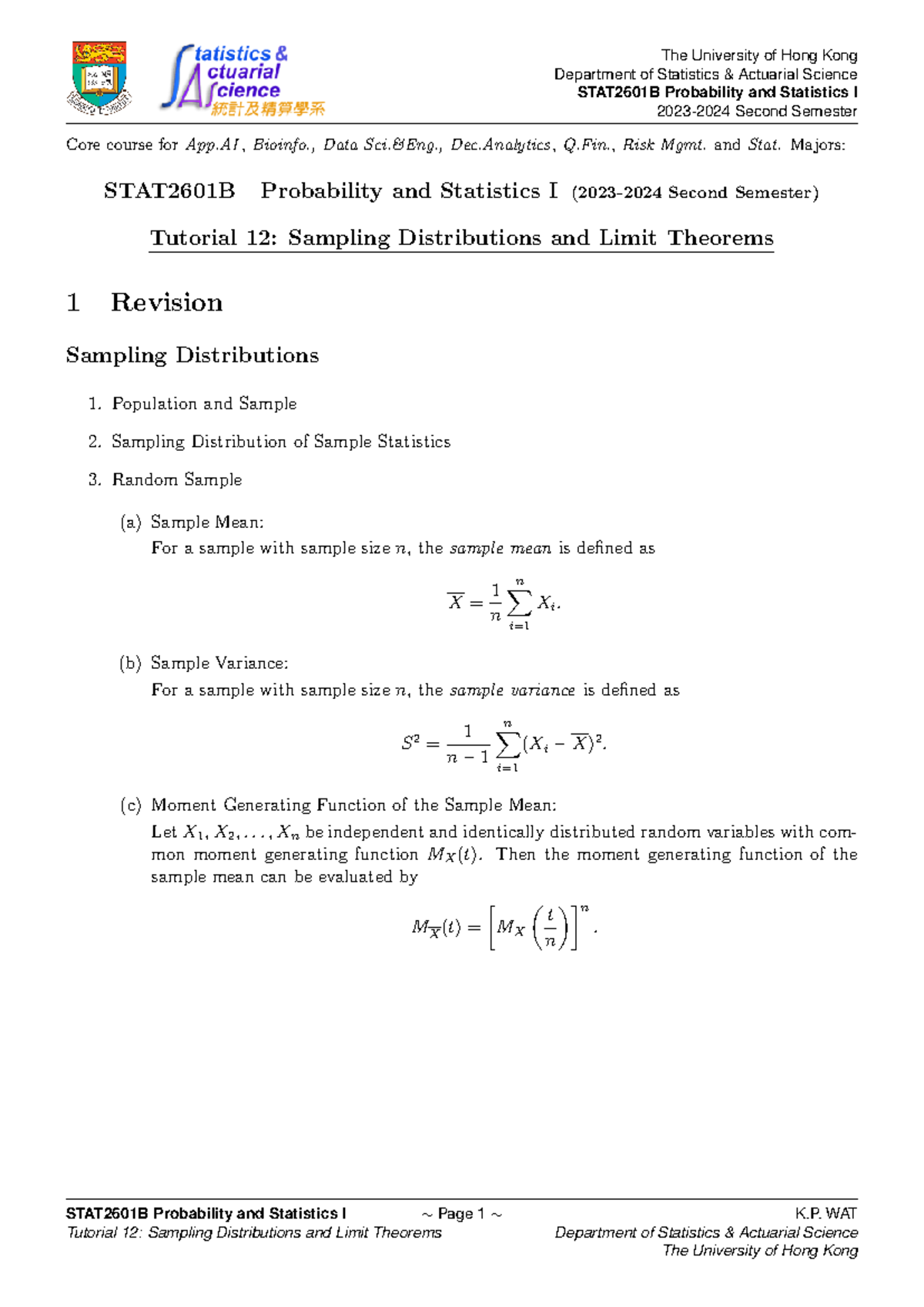 STAT2601B Tutorial 12: Sampling Distributions & Limit Theorems - Studocu