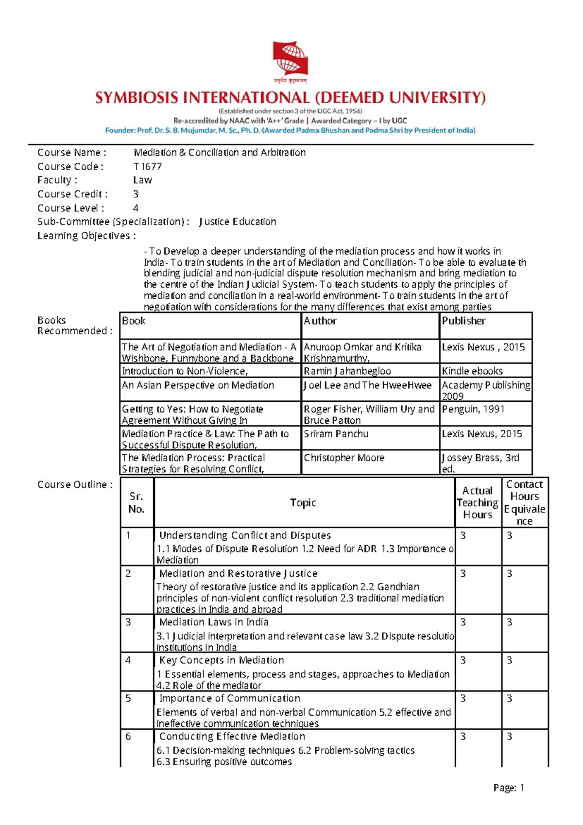 Mediation & Conciliation (Course Code: T) - Course Outline & Objectives ...