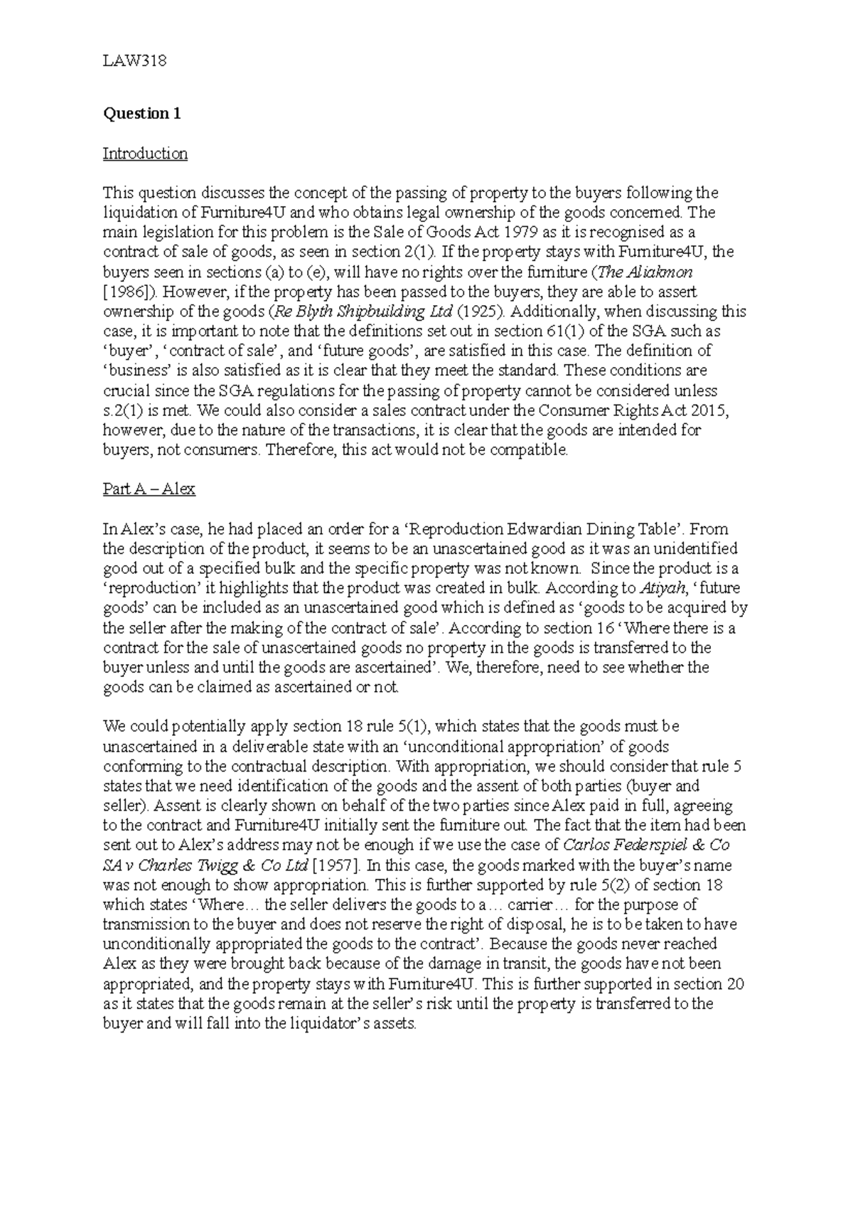 LAW318 Final Exam Analysis of Property Passing in Furniture4U ...