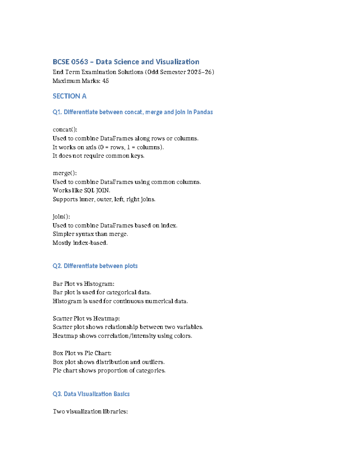 BCSE 0563 Data Science & Visualization End Term Exam Solutions - Studocu