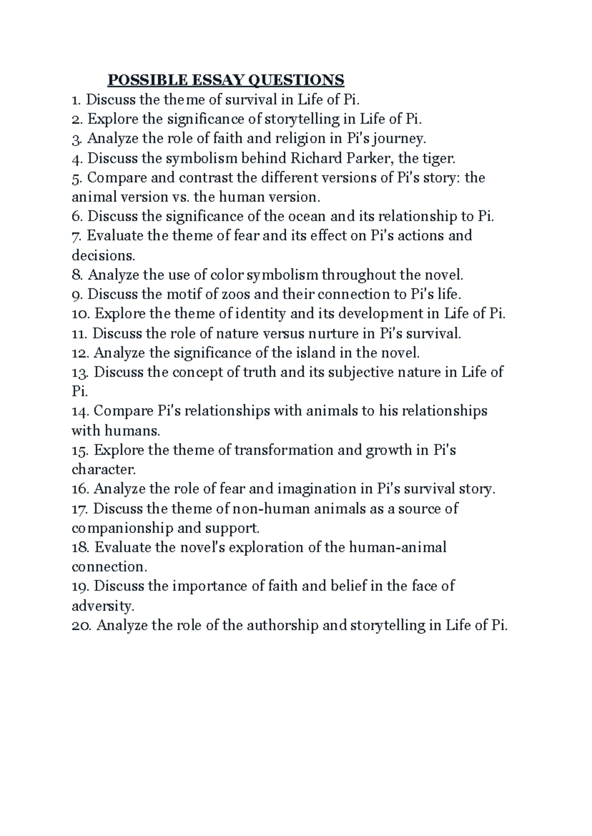 Possible Essay Questions for Life of Pi (ENG101) - Studocu