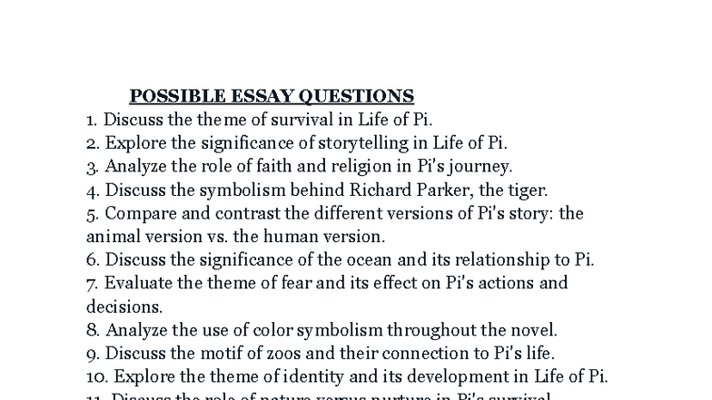 Possible Essay Questions for Life of Pi (ENG101) - Studocu