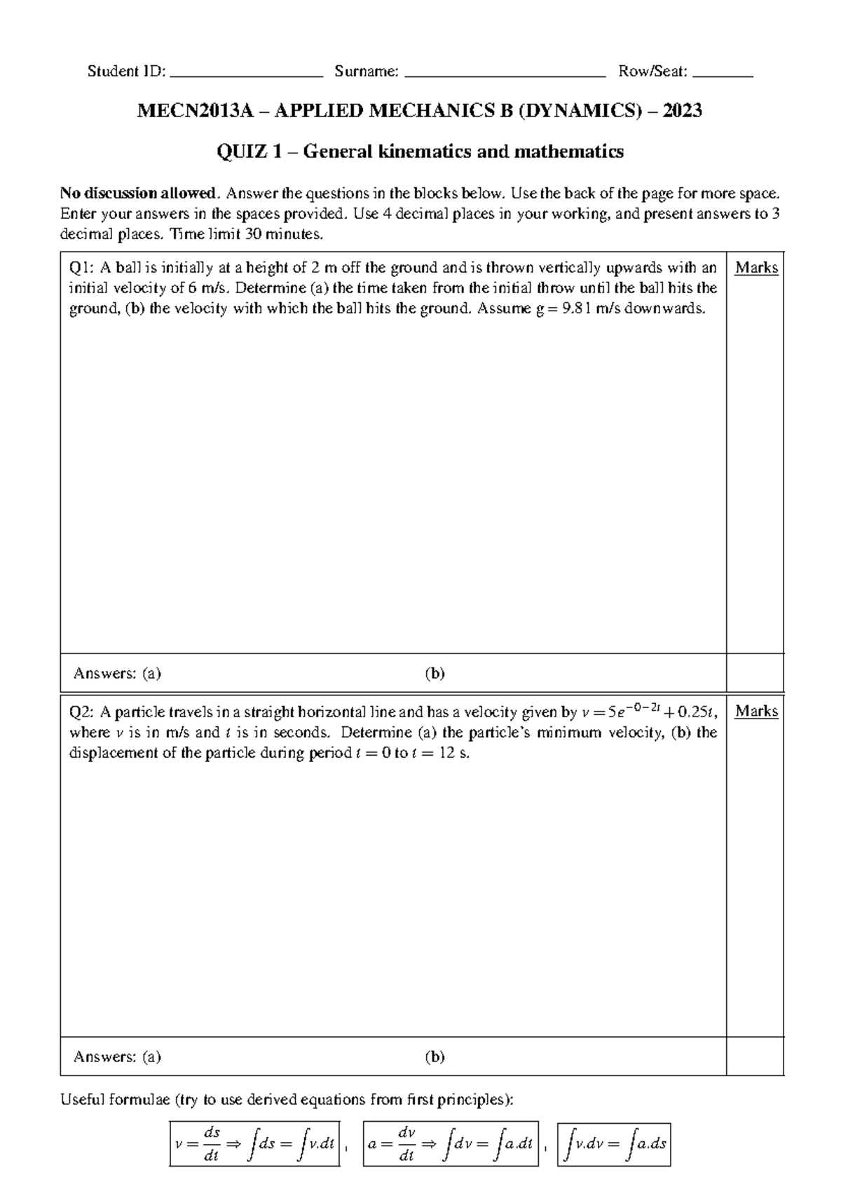 MECN2013 A Quiz 1 - Tutorial work - Student ID: Surname: Row/Seat ...