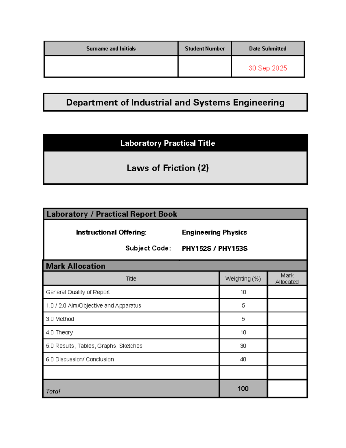 Laboratory Practical Report: Laws of Friction (PHY152S/PHY153S) - Studocu