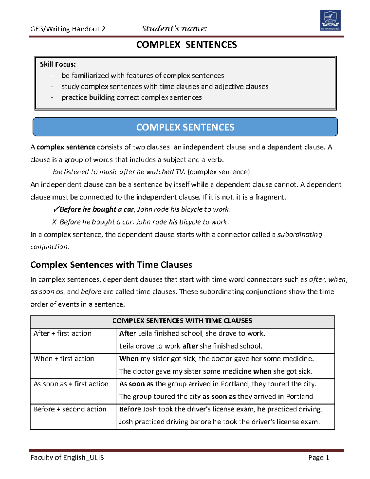 GE3 Writing Handout 2 for Ss - COMPLEX SENTENCES A complex sentence ...