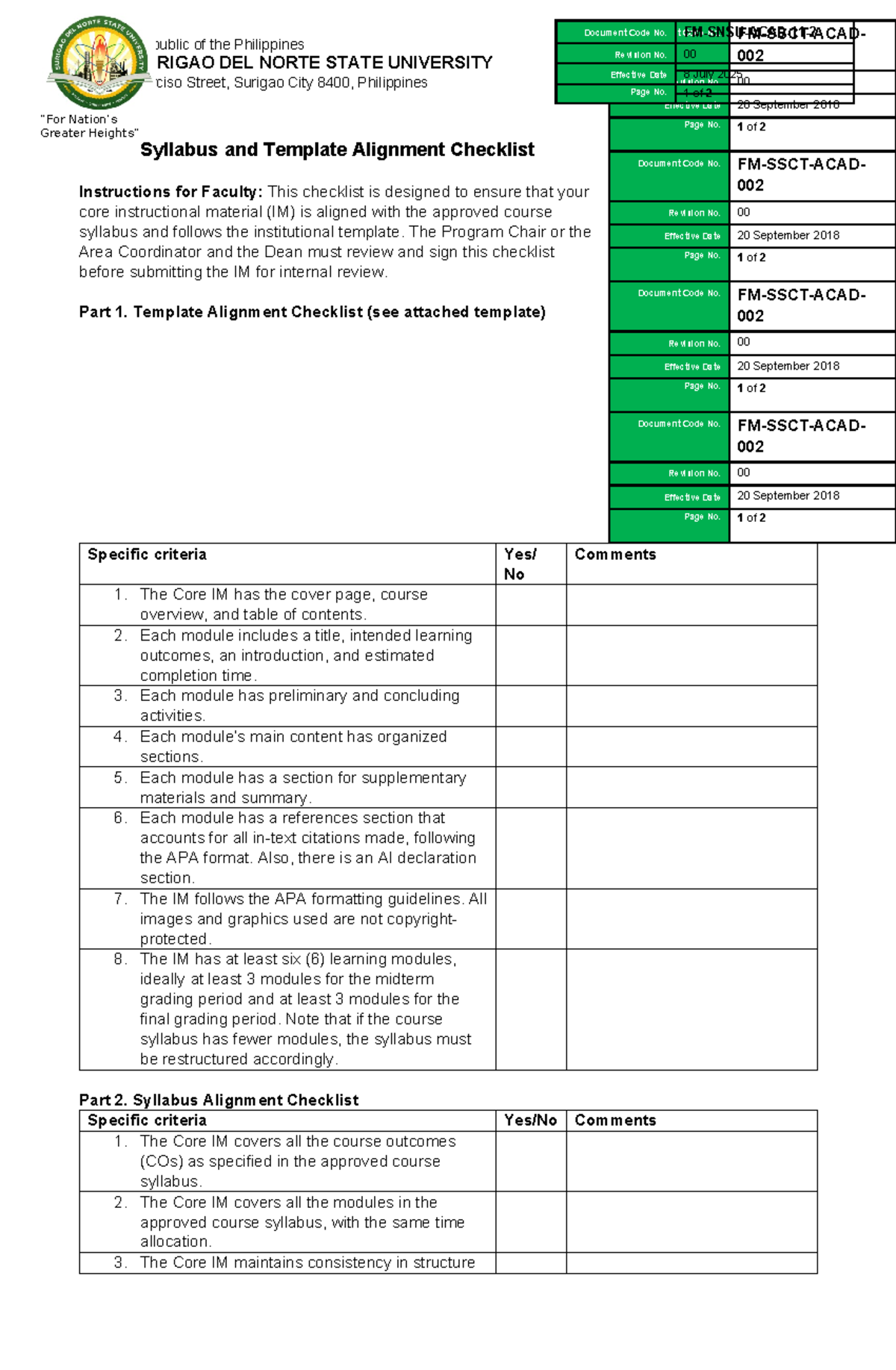 Syllabus & Template Alignment Checklist - FM-SNSU-ACAD-11-2 - Studocu