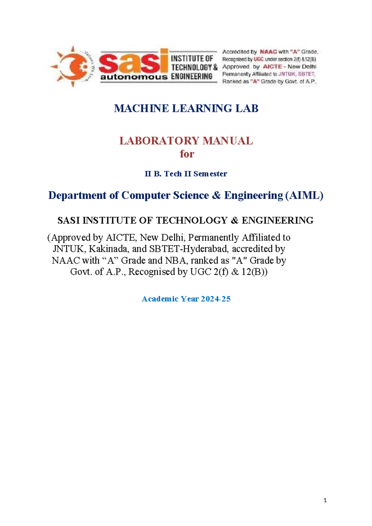 MACHINE LEARNING LAB MANUAL (CSE II B.Tech II Sem) - Studocu