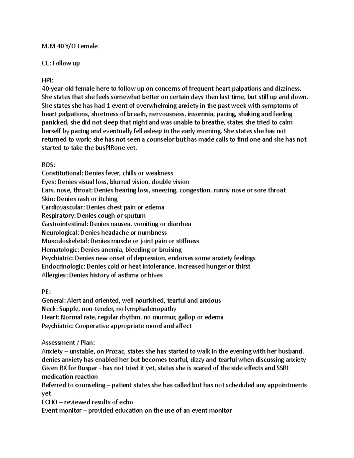 SOAP Note: Anxiety Assessment for 40 Y/O Female Patient - Studocu