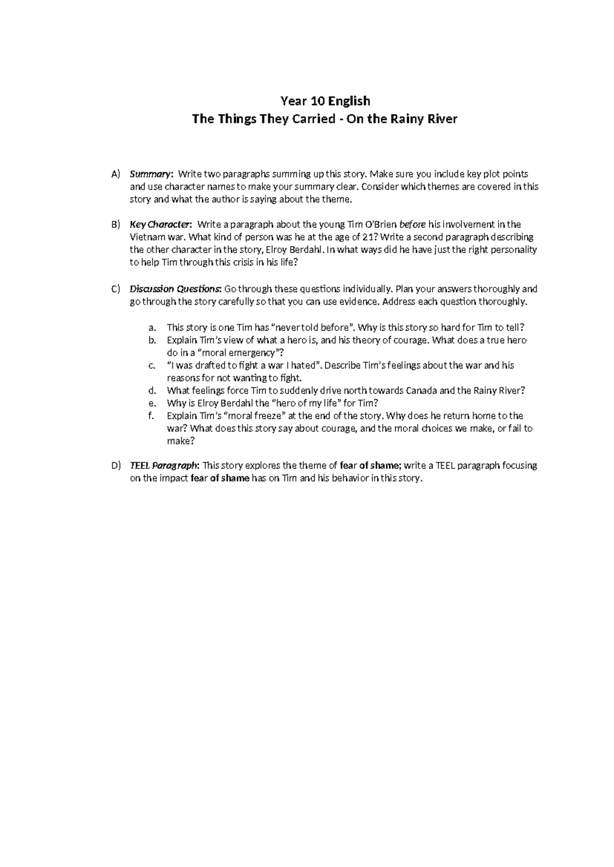 TTTC - On the Rainy River: Summary, Characters & Discussion Notes - Studocu