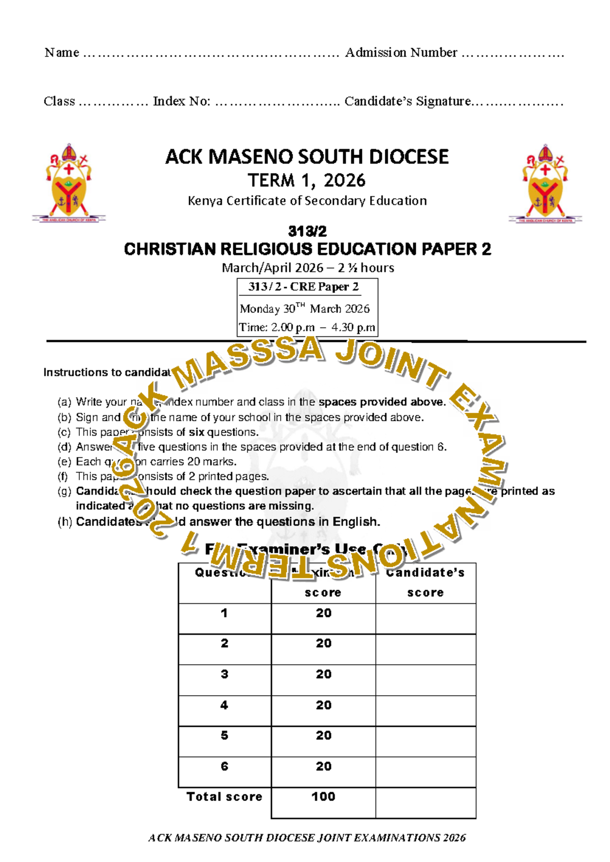 CRE ACK MASENO SOUTH DIOCESE TERM 1 EXAM PAPER 2 2026 - Studocu