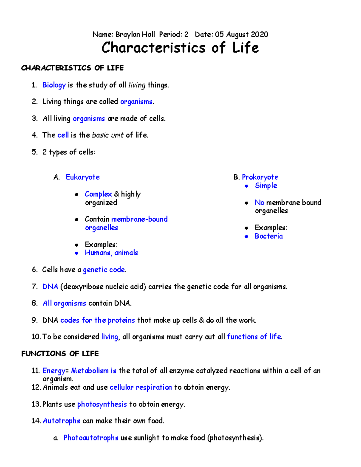 Characteristics of Life Study Notes - Braylan Hall - Period 2 - Studocu