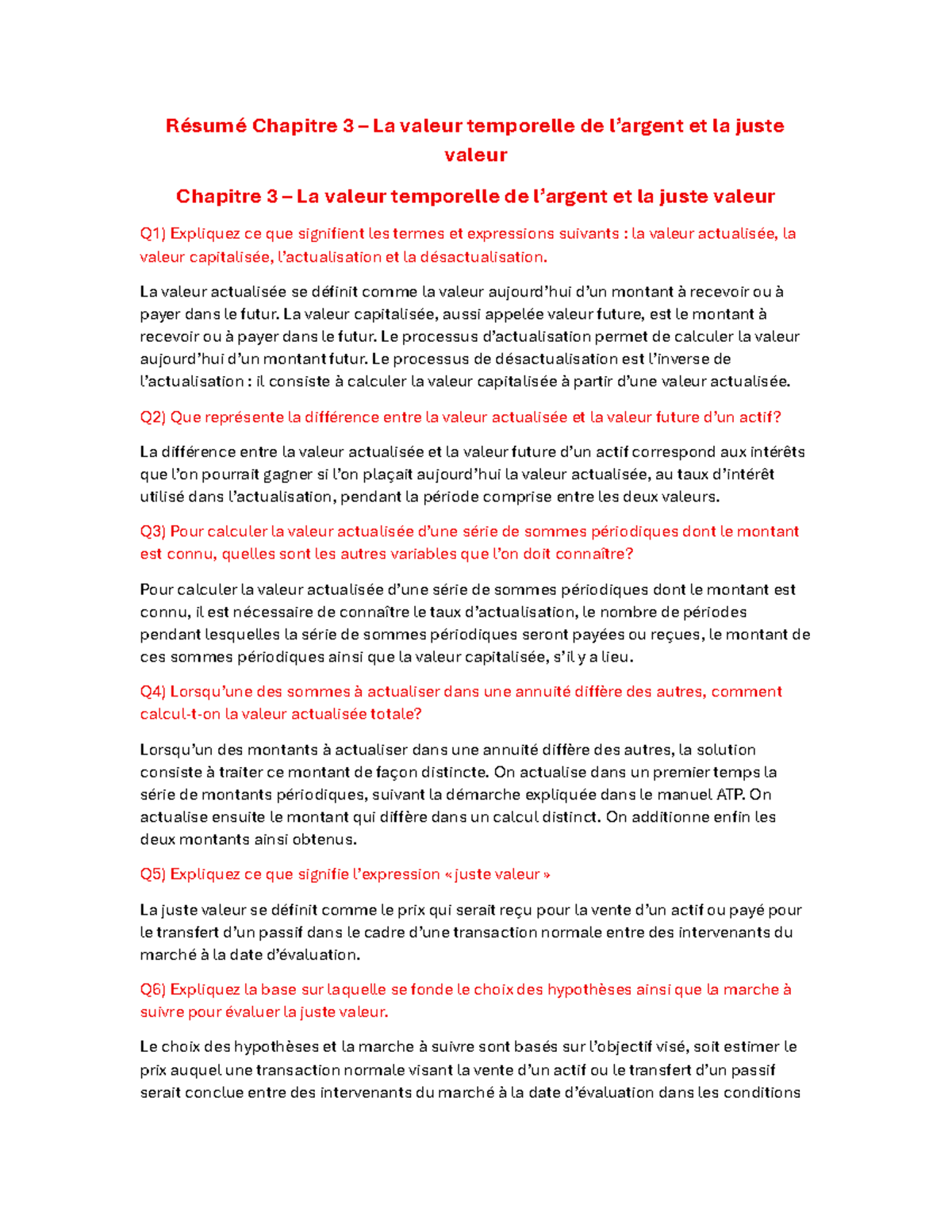 Résumé Chapitre 3 - Valeur Temporelle de l'Argent et Juste Valeur - Studocu
