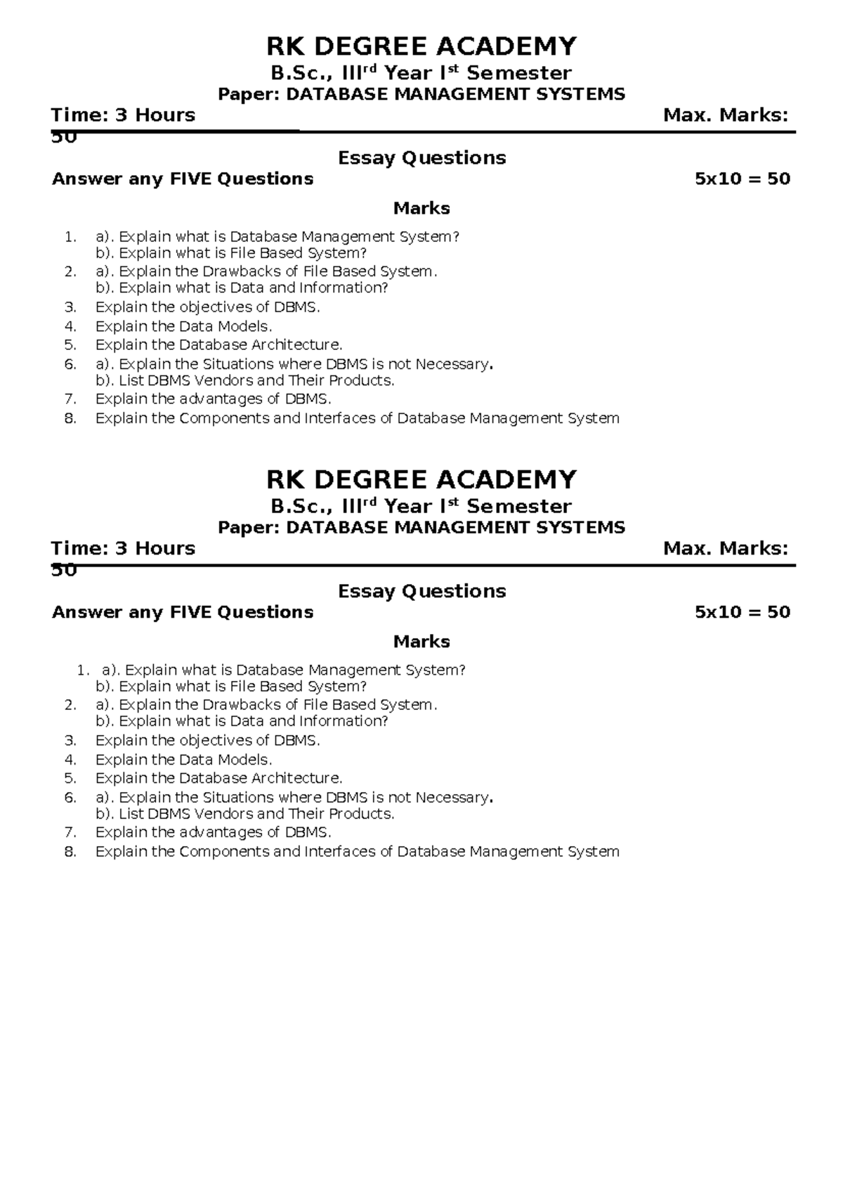 B.Sc. 1st Sem Midterm Exam: Database Management Systems - Studocu