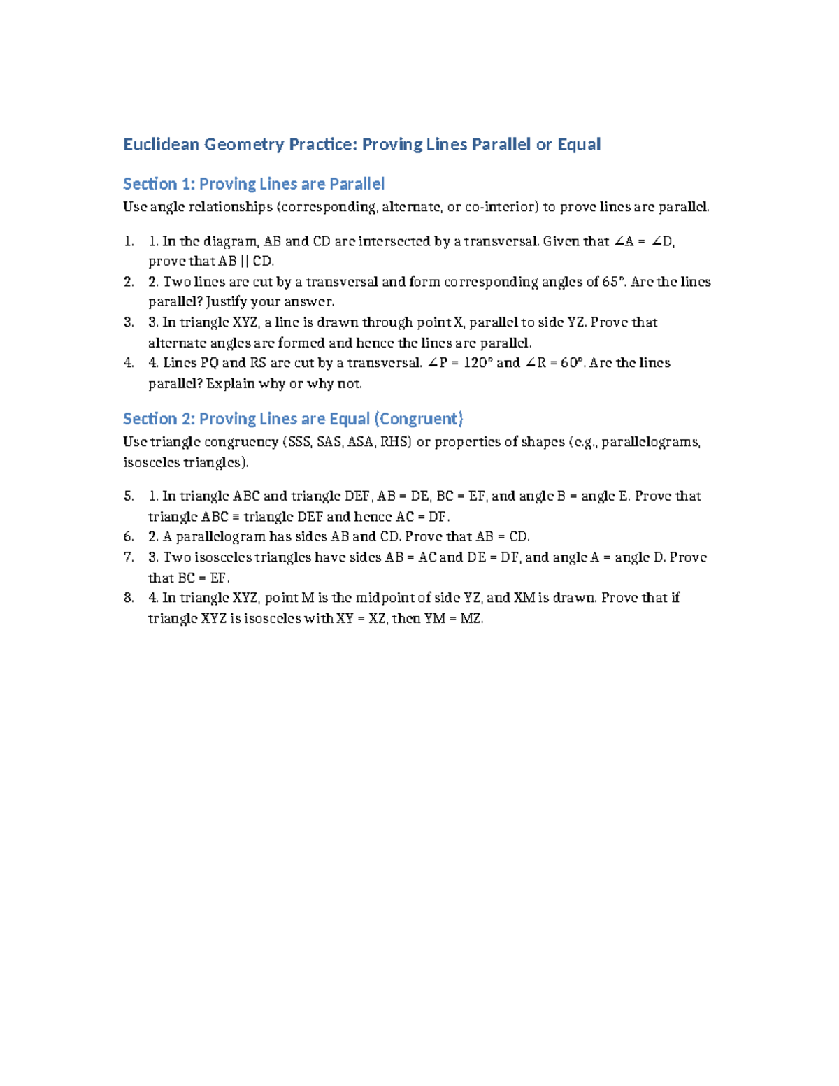 Euclidean Geometry Practice: Proving Lines Parallel & Equal - Studocu