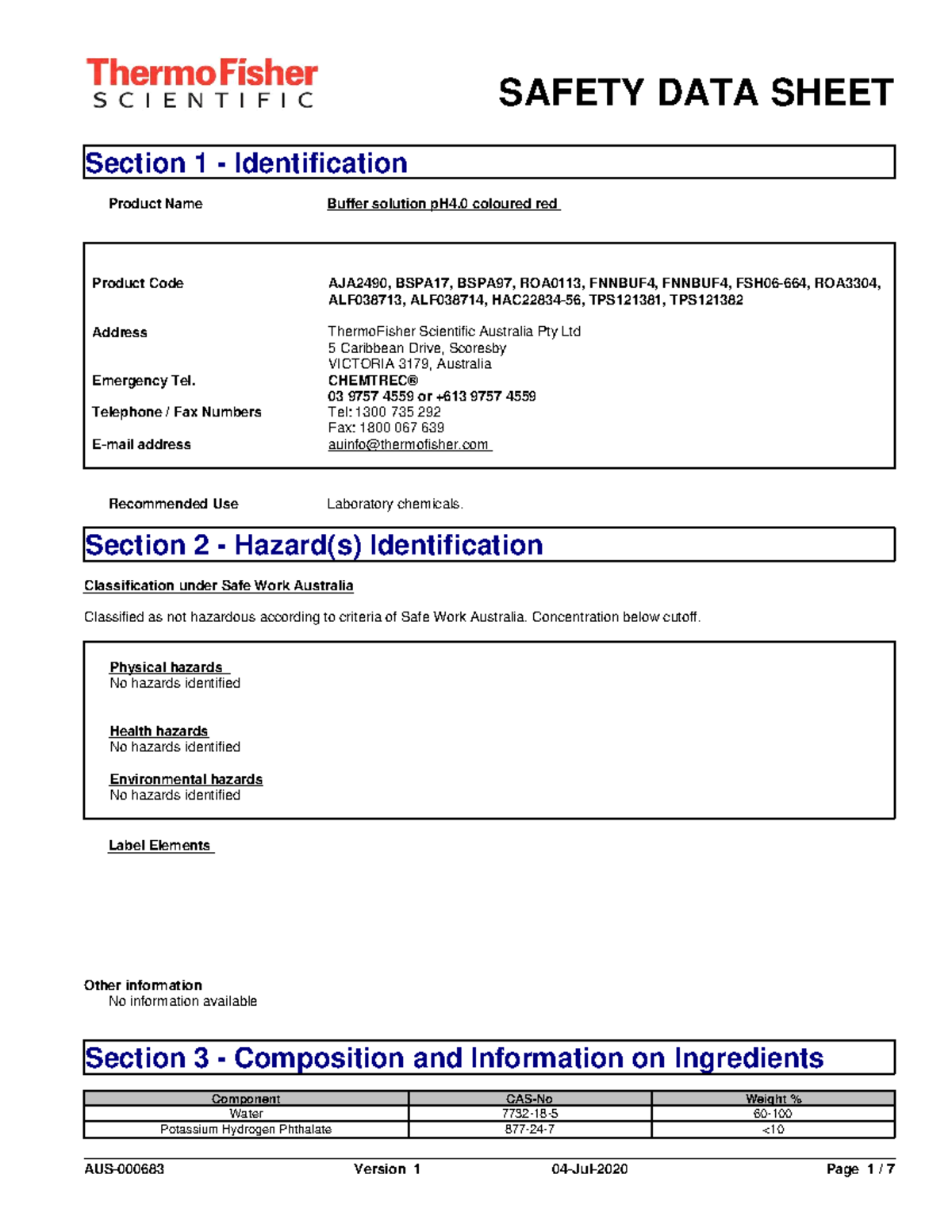 Buffer Solution pH 4.0 Safety Data Sheet (SDS) - AJA2490 - Studocu