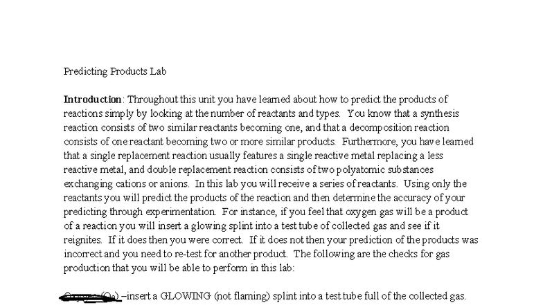 General Predicting Products Lab (Chem 101) - Studocu