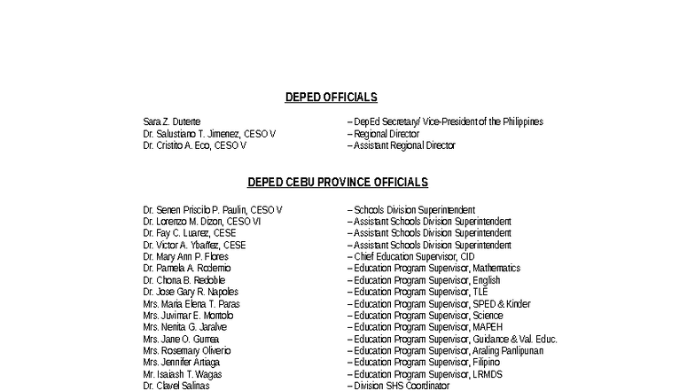 DEPED CEBU PROVINCE OFFICIALS: A Comprehensive Overview - Studocu