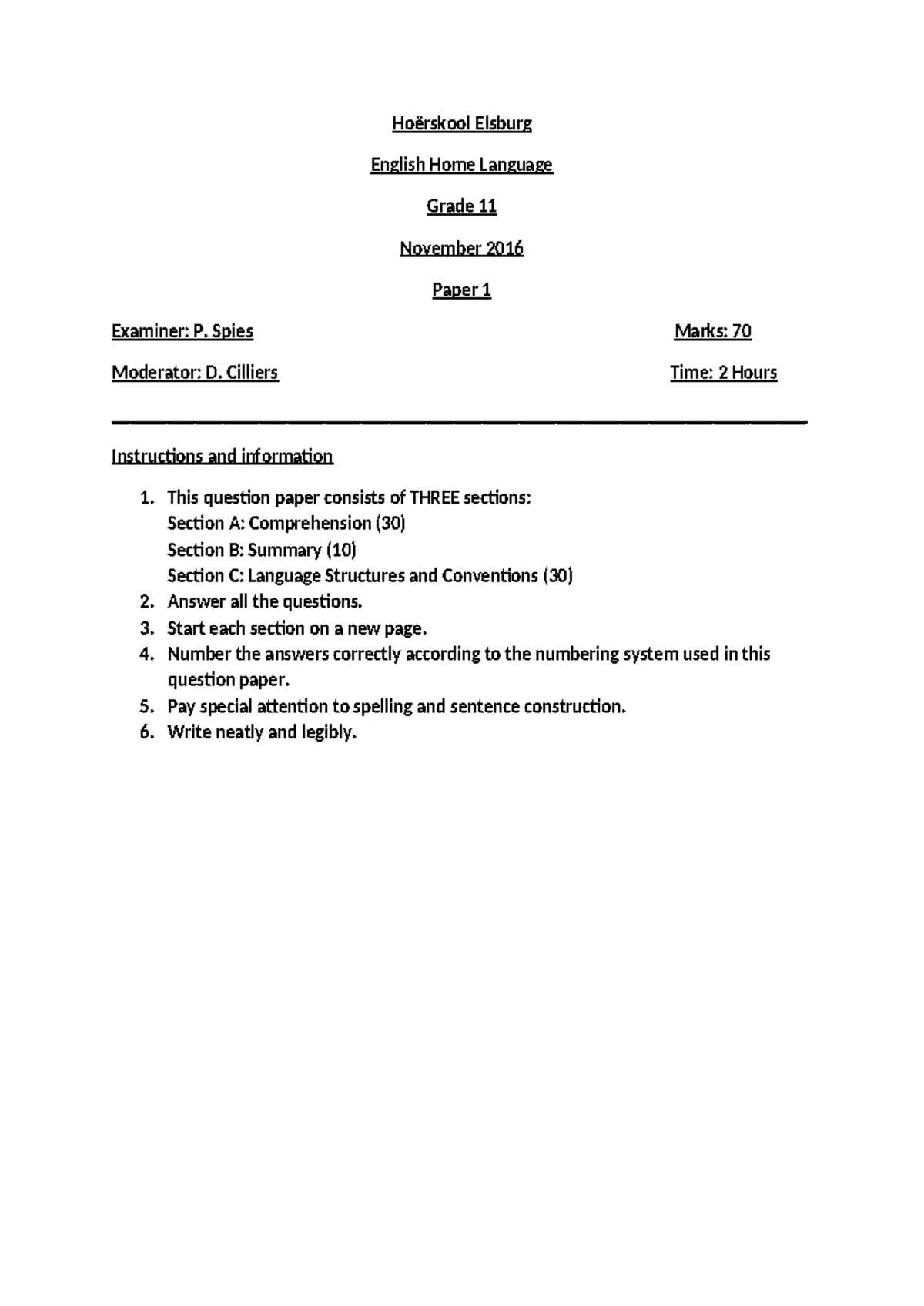 HS Elsburg P1 Gr 11 - Cycle test - Hoërskool Elsburg English Home ...
