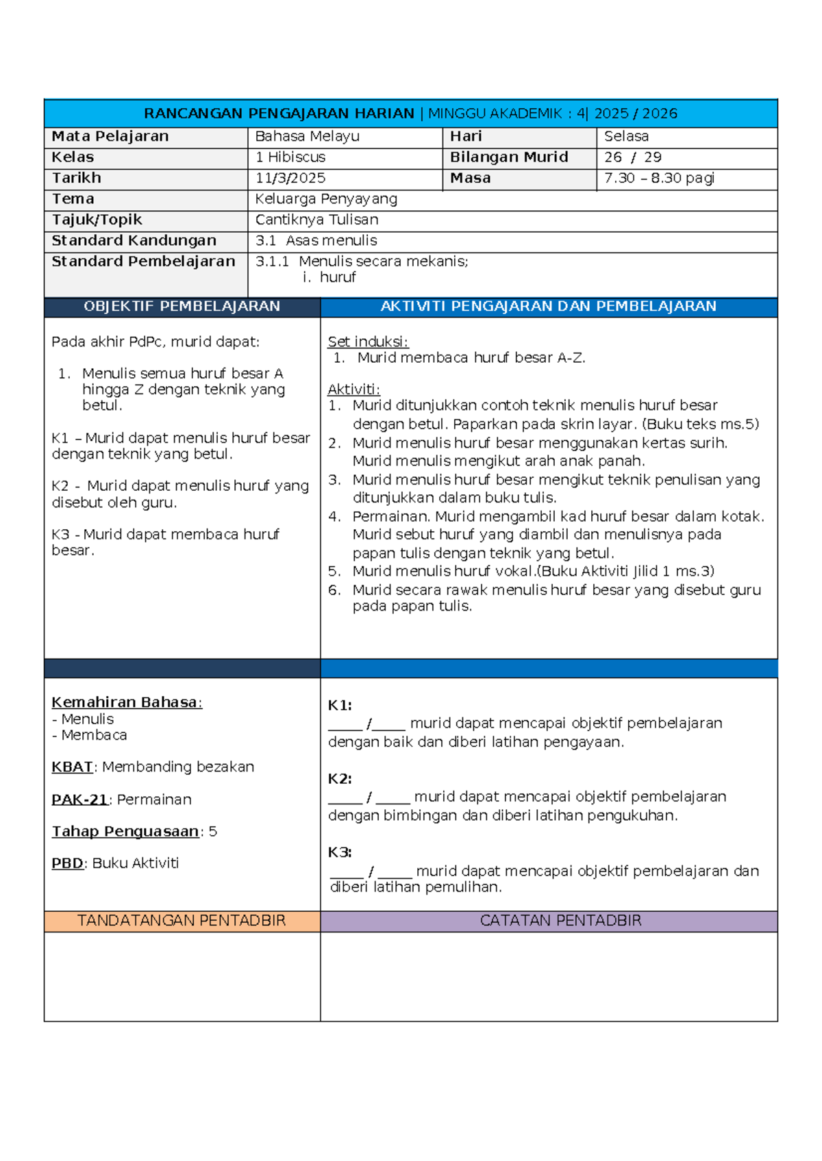 RPH BM M10 - Rancangan Pengajaran Harian Kelas 1 & 2 (2025/2026) - Studocu