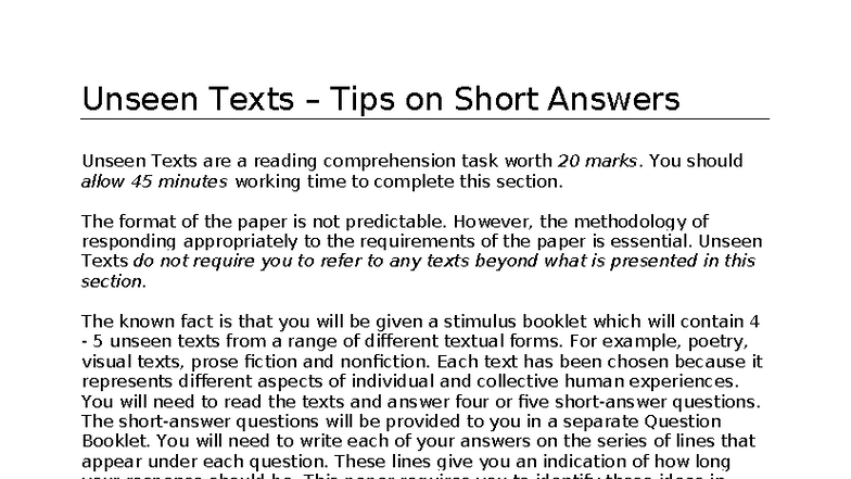 Unseen Texts (Exam Tips) for Short Answer Responses - Studocu
