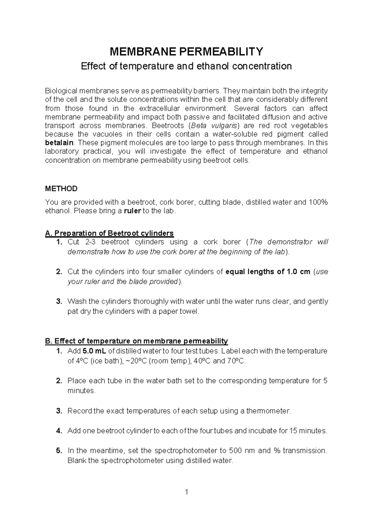 BIO211 - Effect of Temperature & Ethanol on Beetroot Membrane ...