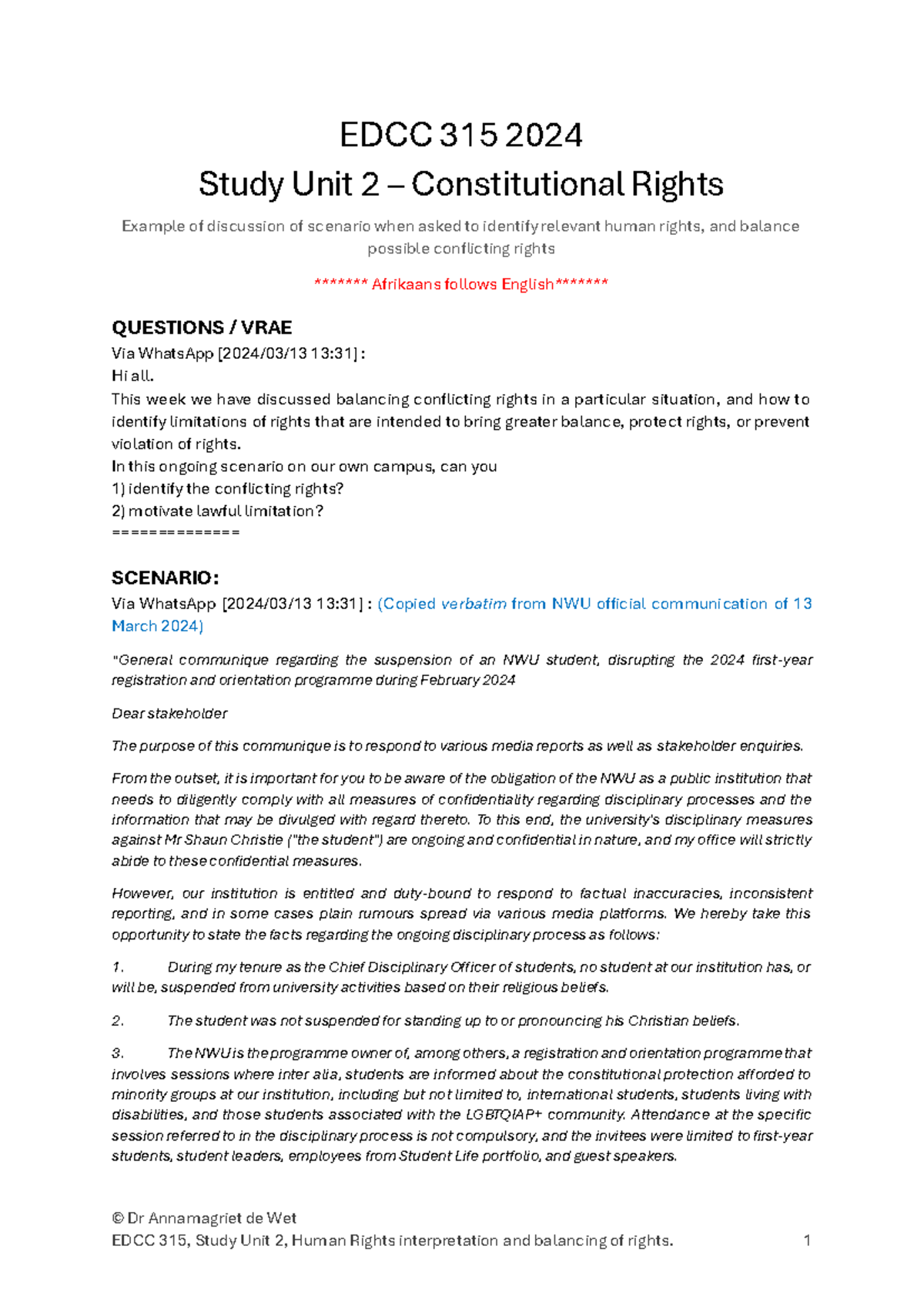 Scenario discussion 2024 EDCC 315 SU 2 Human Rights Memorandum 2024-03 ...