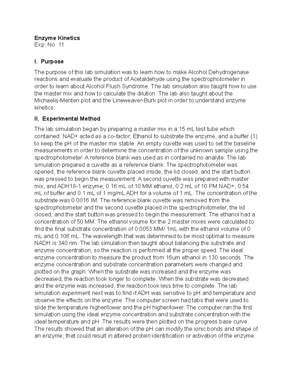 Labster Lab Report 11: Analyzing Enzyme Kinetics of ADH - Studocu