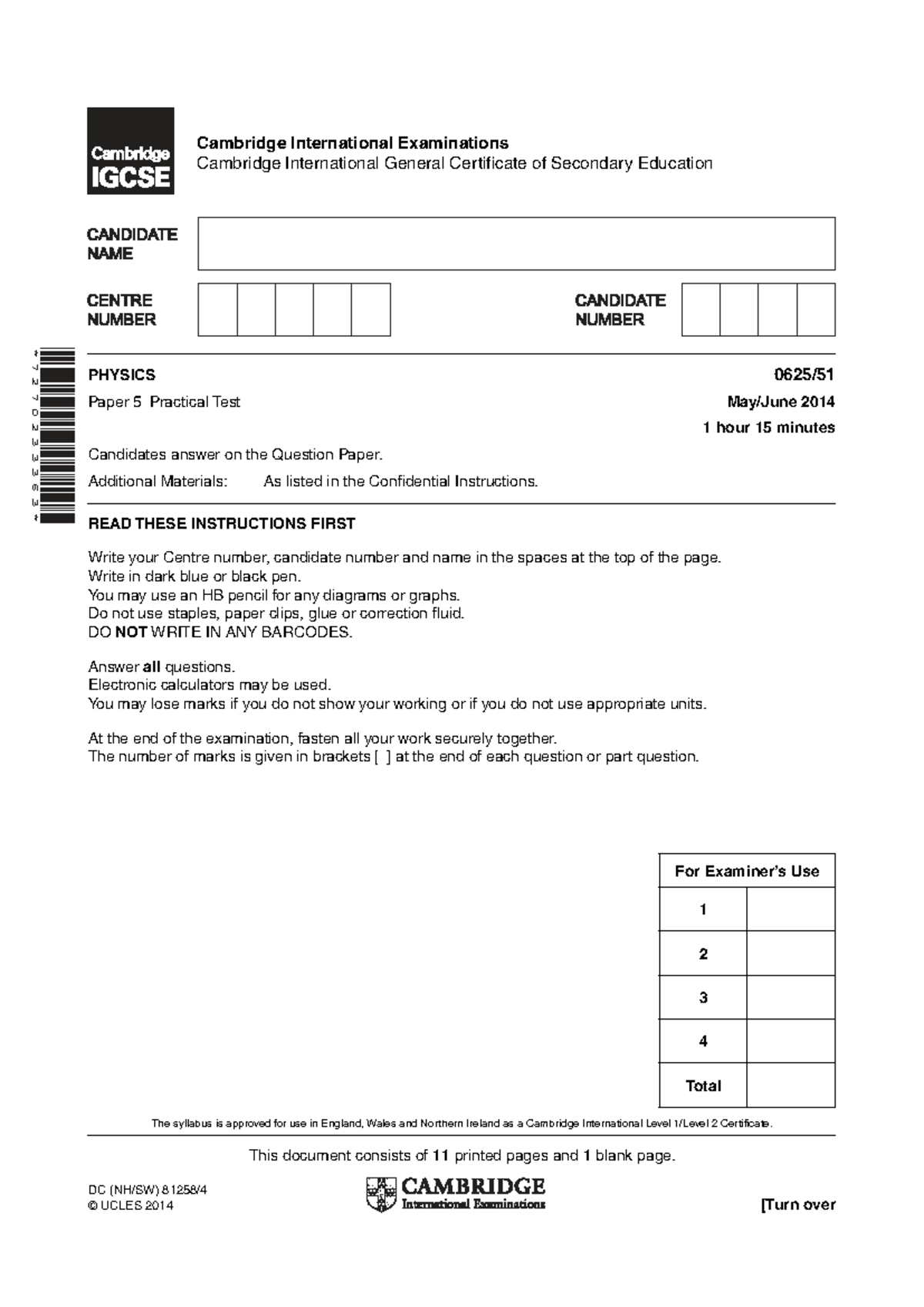 Cambridge International 0625 Physics Paper 5 Practical Test 2014 - Studocu