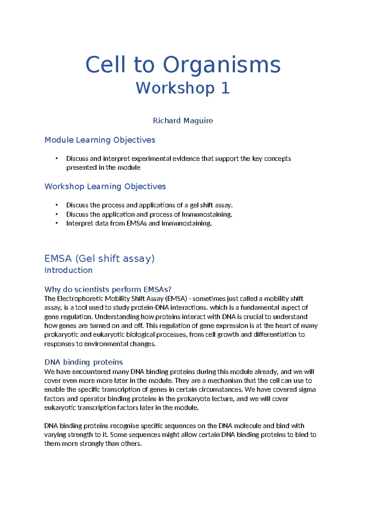 Bio00025 C - Workshop 1: EMSA & Immunostaining Techniques - Studocu