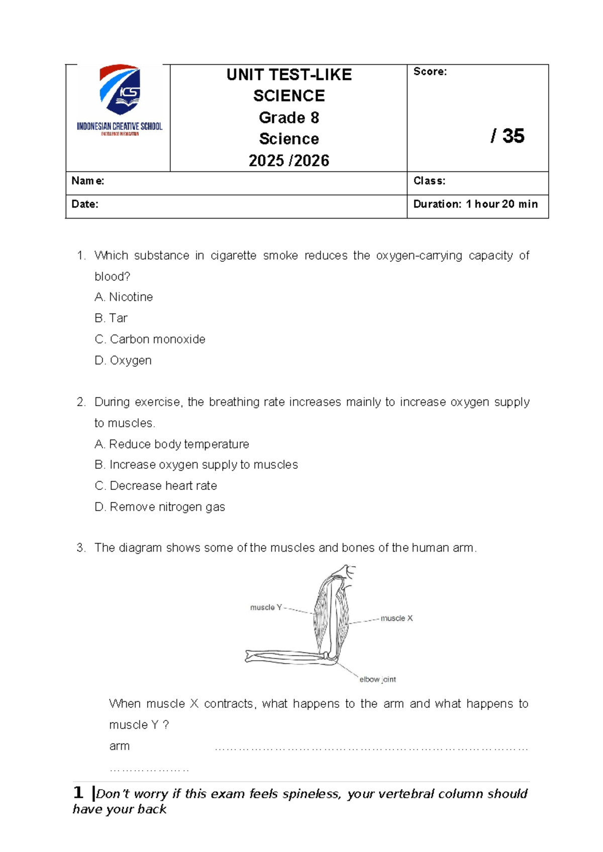 UNIT TEST 7: Grade 8 Science - Understanding Exercise & Health - Studocu