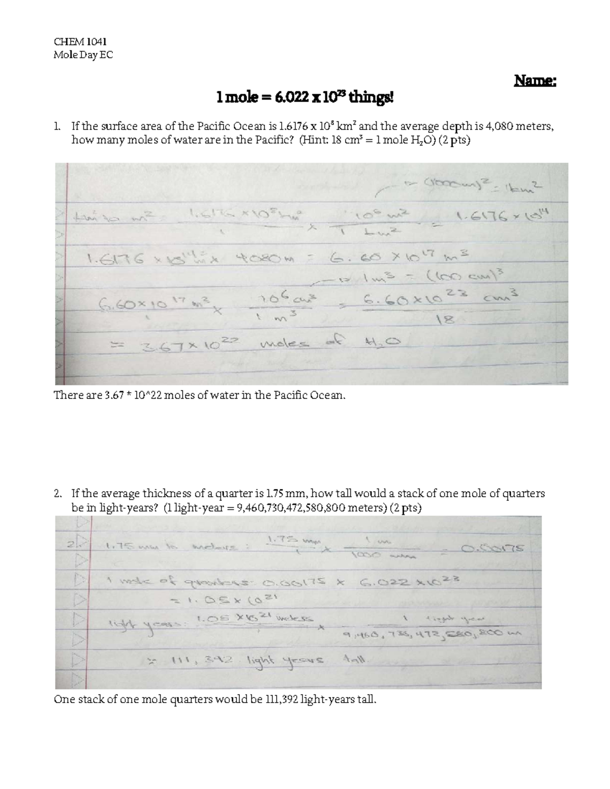 CHEM 1041 Mole Day Extra Credit Assignment - Studocu