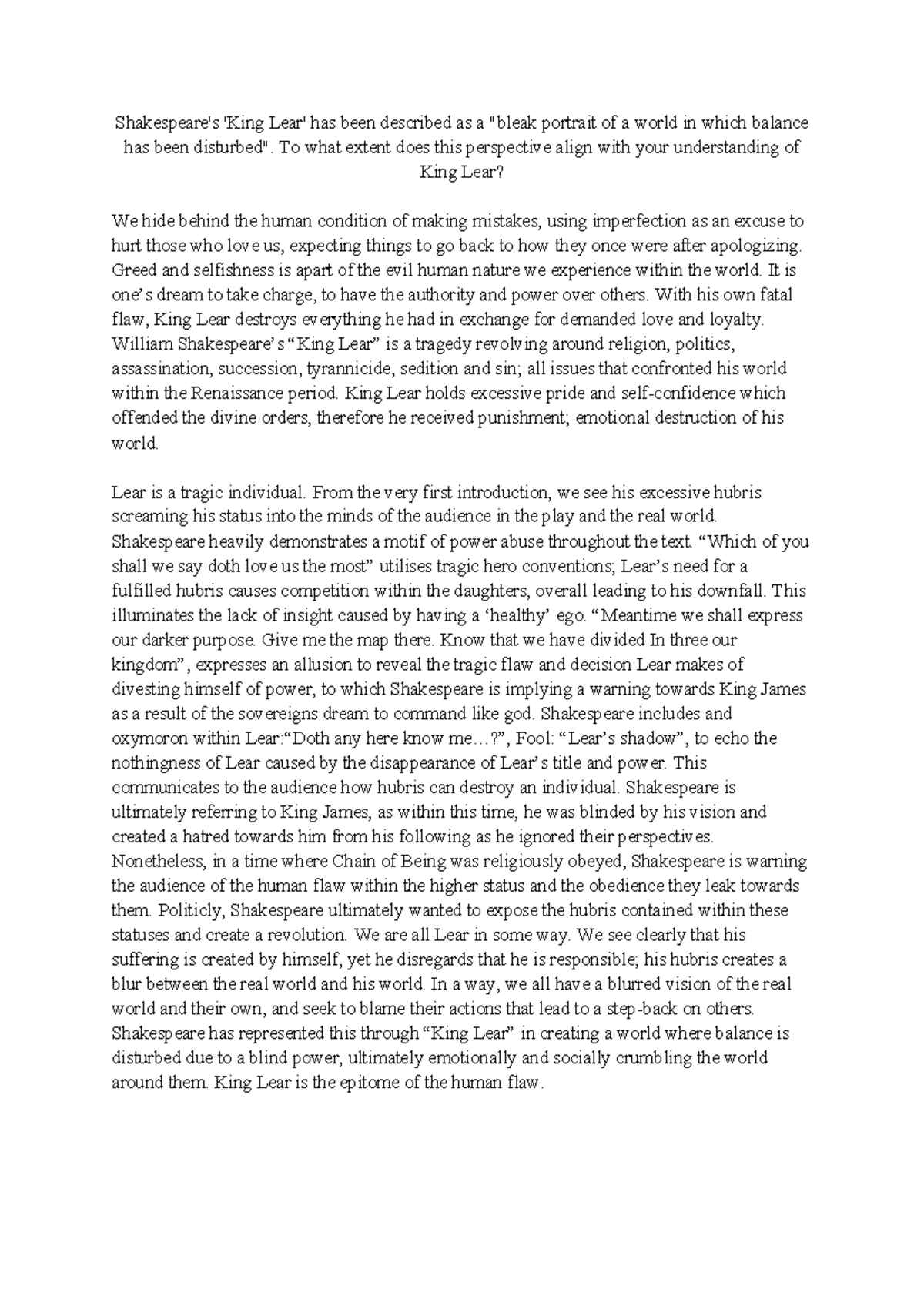 ENG 201 Essay Starter: Analyzing Hubris in King Lear - Studocu
