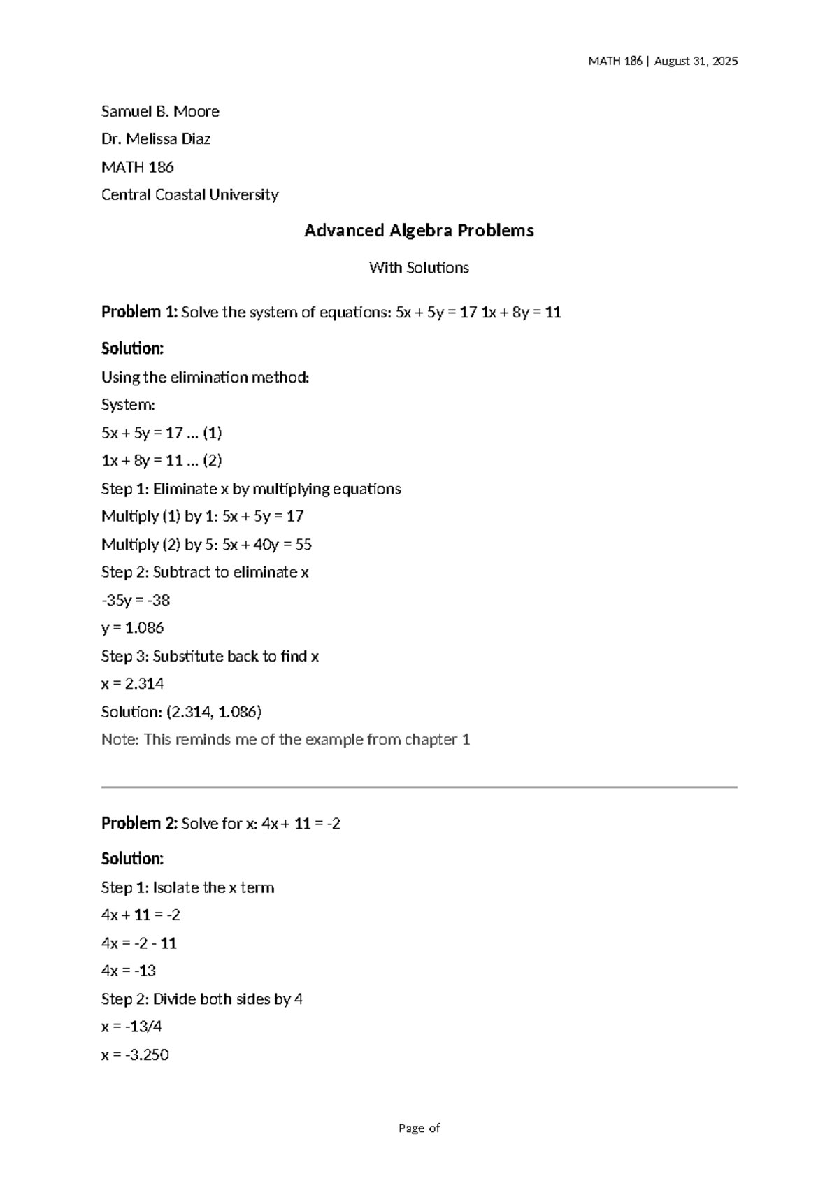 MATH 186 Advanced Algebra Solutions for Midterm Review - Studocu