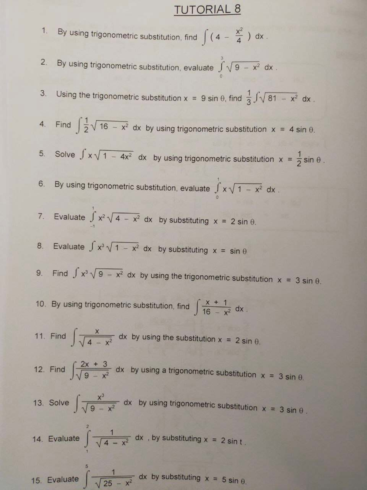 Trigonometric Substitution Exercises - MAT235 Tutorial 8 & 10 - Studocu